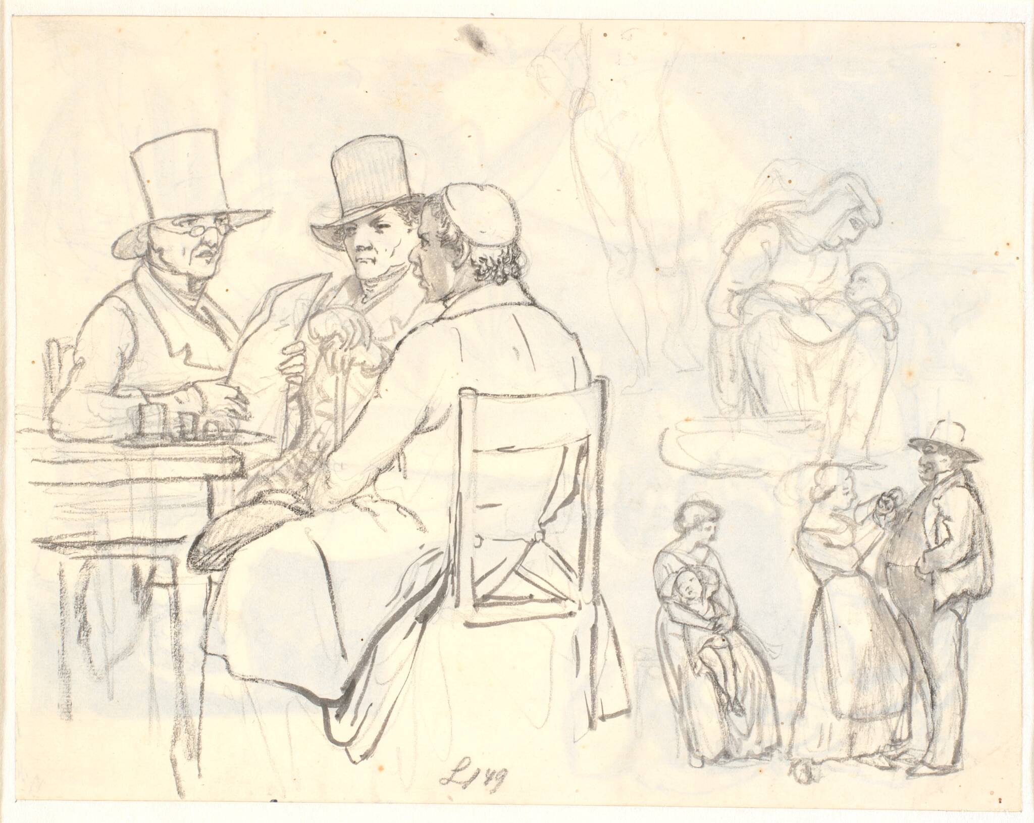 Tre mænd, den ene præst, i samtale ved et cafébord, siddende kvinde med barn, kvinde og tyk mand ...