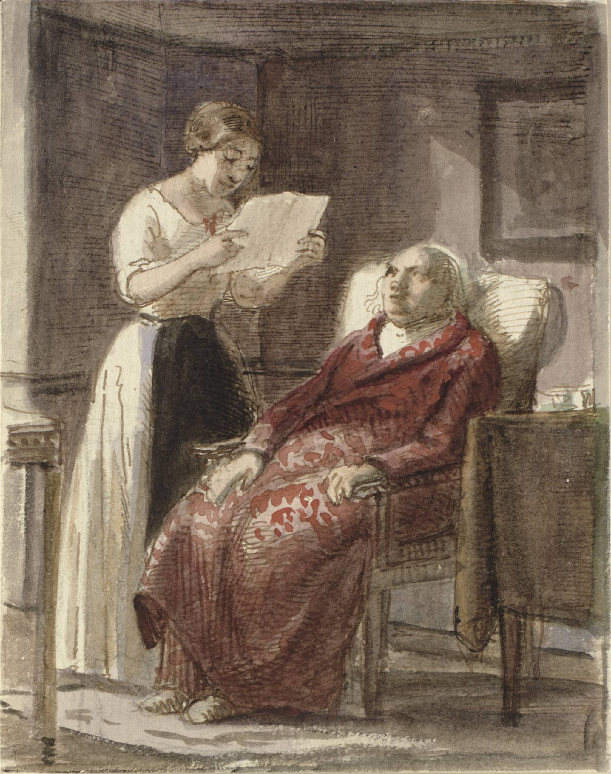 En ung pige læser et brev højt for en gammel mand i rød slåbrok, 1810 – 1873, Marstrand, Wilhelm ...